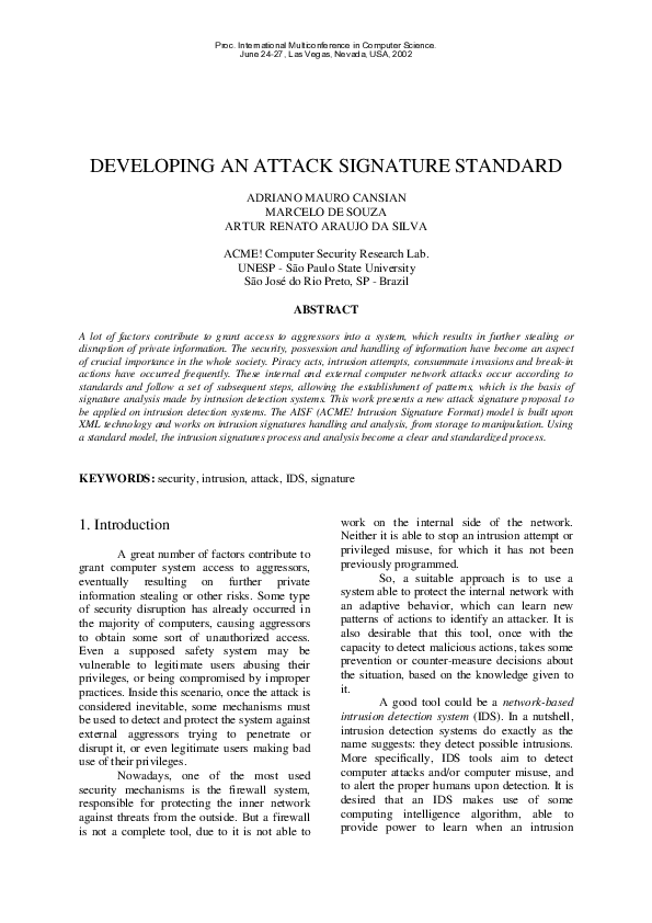 (PDF) Developing an Attack Signature Standard–