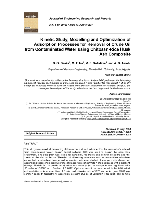 (PDF) Kinetic Study, Modelling and Optimization of Adsorption Processes for Removal of Crude Oil ...