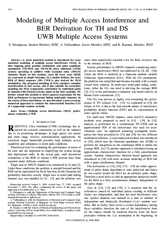 Pdf Modeling Of Multiple Access Interference And Ber Derivation For