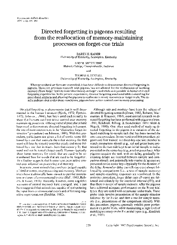 (PDF) Directed forgetting in pigeons resulting from the reallocation of memory-maintaining ...