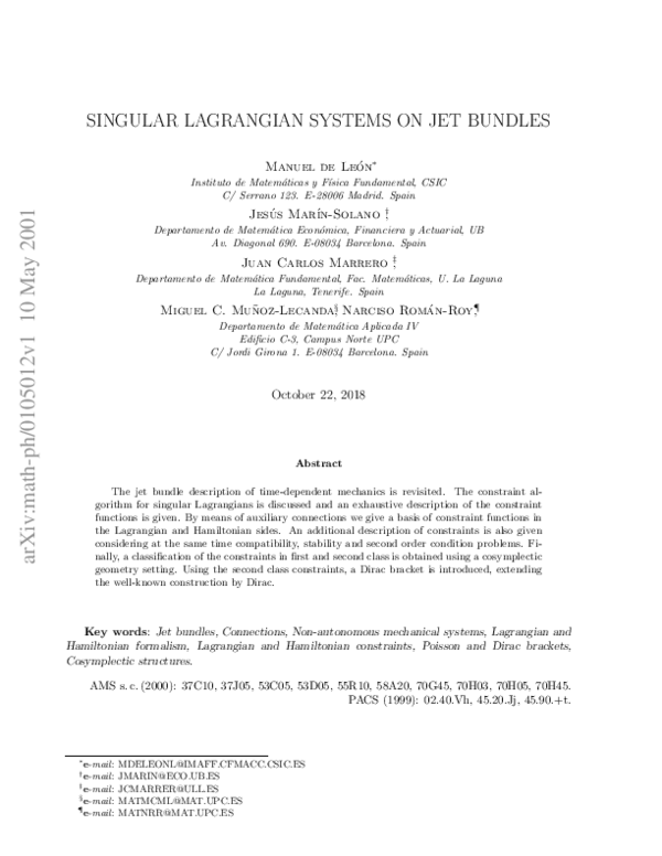 (PDF) Singular Lagrangian Systems on Jet Bundles | Narciso Román-Roy ...