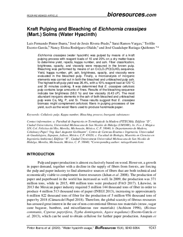 (PDF) Kraft pulping and bleaching of Eichhornia crassipes (Mart.) Solms ...