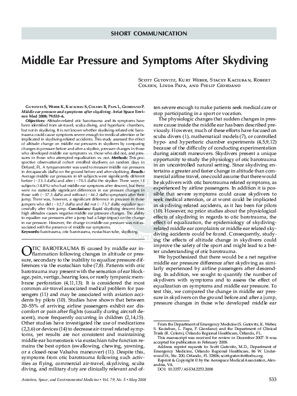 (PDF) Middle Ear Pressure and Symptoms After Skydiving