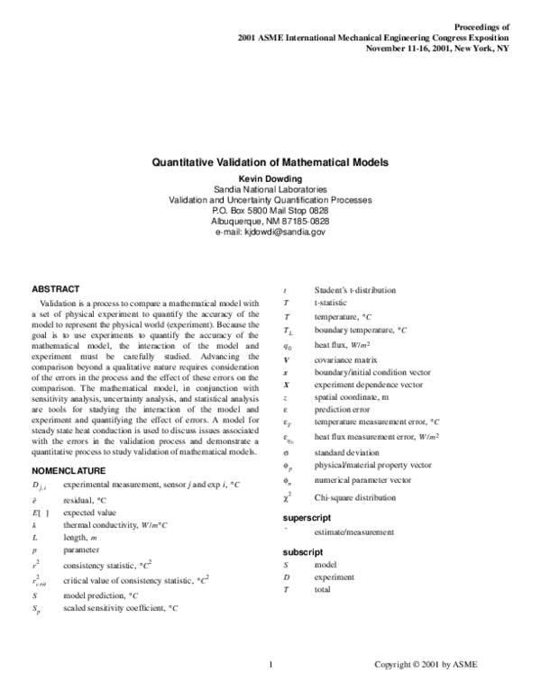 Pdf Quantitative Validation Of Mathematical Models