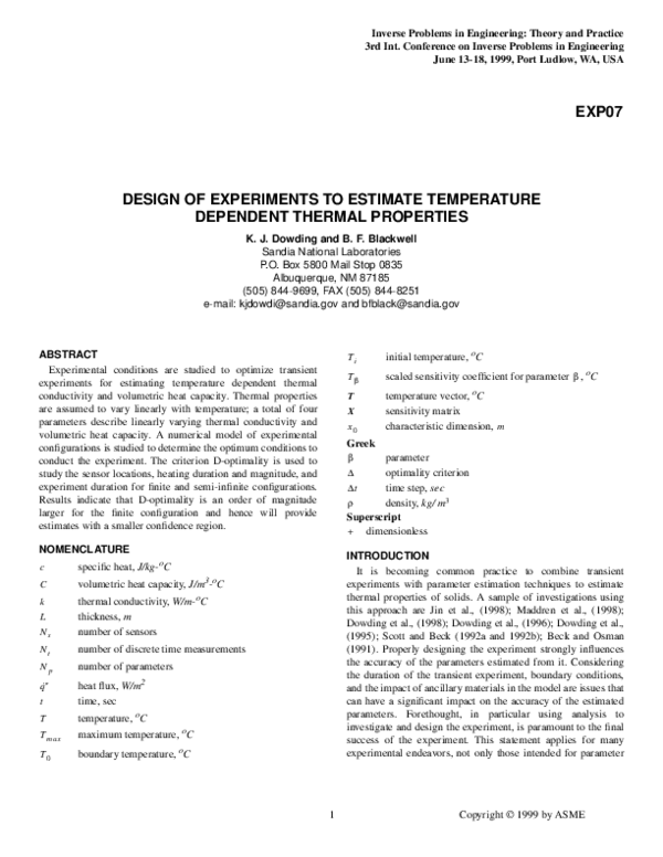 (PDF) Design of Experiments to Estimate Temperature Dependent Thermal Properties