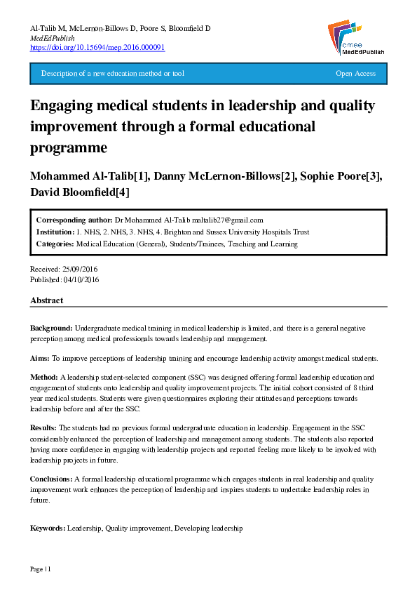 (PDF) Engaging medical students in leadership and quality improvement ...