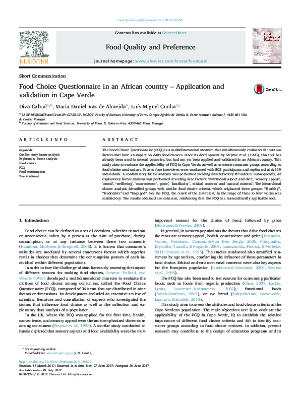 (PDF) Food Choice Questionnaire in an African country – Application and ...