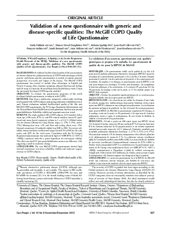 (PDF) Validation of a New Questionnaire with Generic and Disease-Specific Qualities: The Mcgill ...