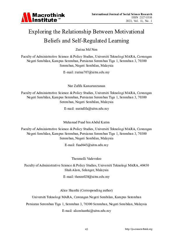 (PDF) Exploring the Relationship Between Motivational Beliefs and Self-Regulated Learning