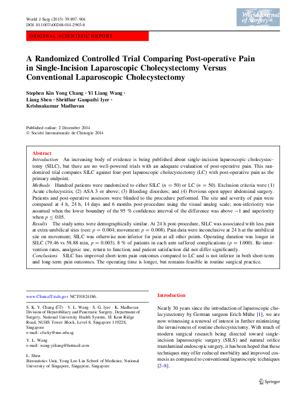 (PDF) Post-operative Pain: SILC vs Conventional Laparoscopic Cholecystectomy