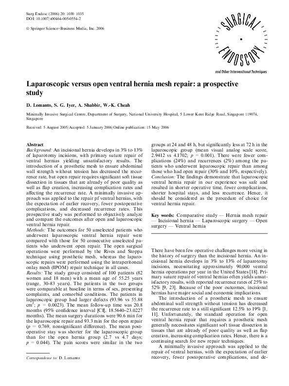 (PDF) Laparoscopic versus open ventral hernia mesh repair: a prospective study