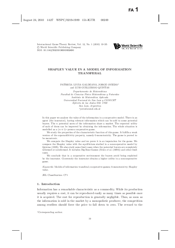 (PDF) Shapley Value in a Model of Information Transferal