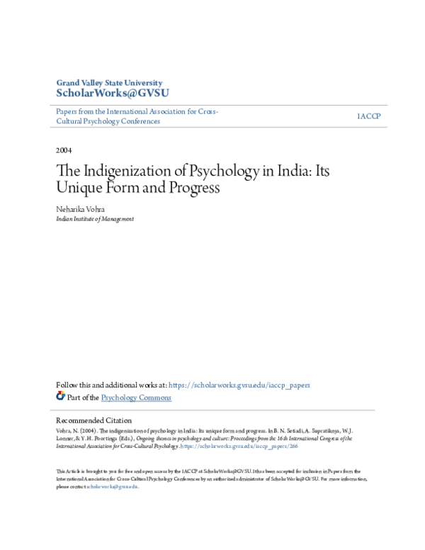 (PDF) The Indigenization of Psychology in India: Its Unique Form and ...