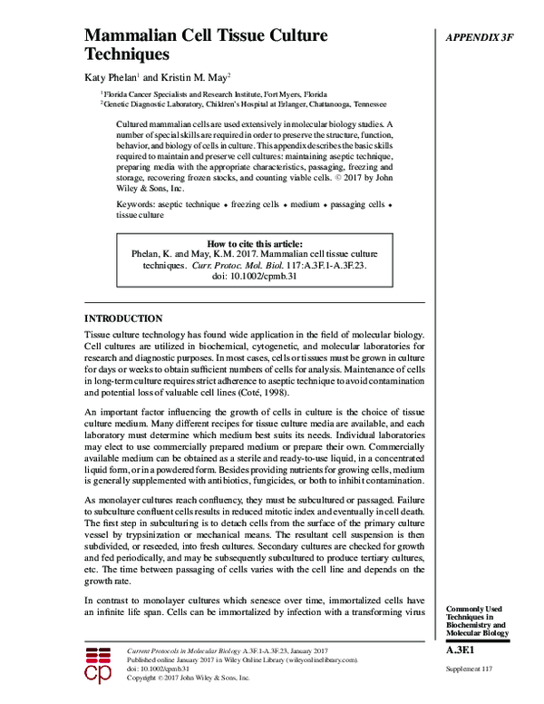 Pdf Mammalian Cell Tissue Culture Techniques