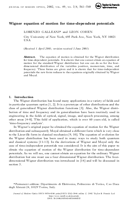 (PDF) Wigner equation of motion for time-dependent potentials