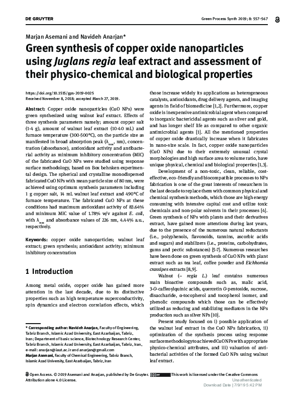 (PDF) Green synthesis of copper oxide nanoparticles using Punica granatum peels extract: Effect ...
