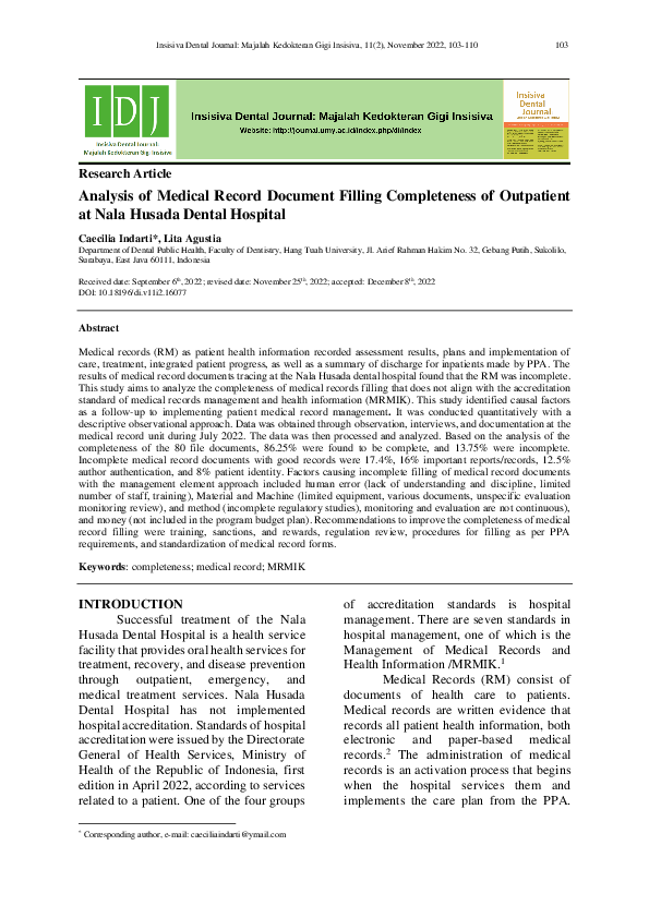 (PDF) Analysis of Medical Record Document Filling Completeness of ...