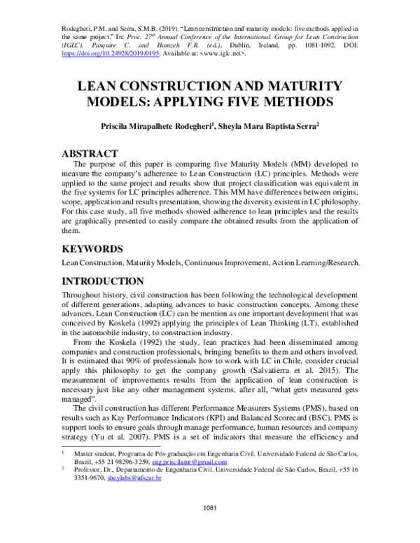 (PDF) Lean Construction and Maturity Models: Applying Five Methods
