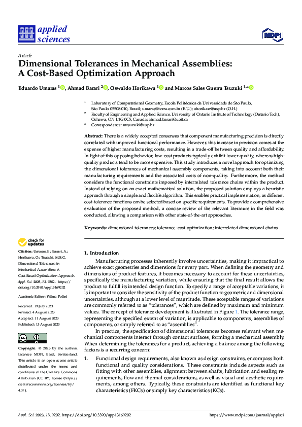 (PDF) Dimensional Tolerances in Mechanical Assemblies: A Cost-Based Optimization Approach