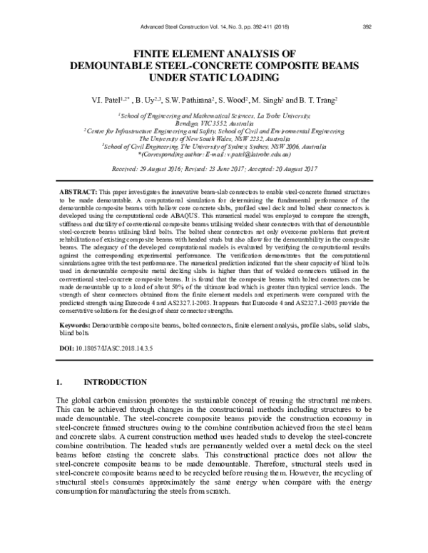 (PDF) Finite Element Analysis of Demountable Steel-Concrete Composite Beams Under Static Loading