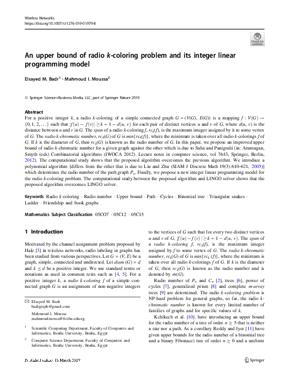 (PDF) An upper bound of radio k-coloring problem and its integer linear programming model