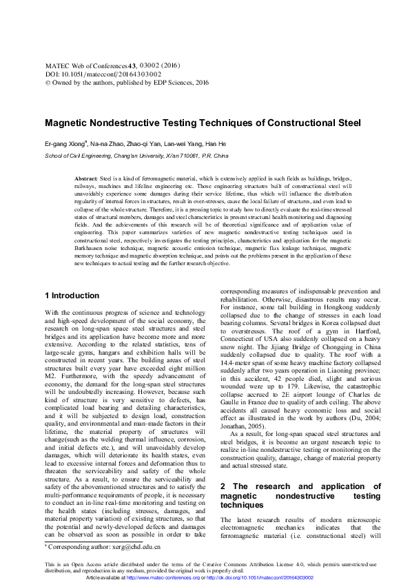 (PDF) Magnetic Nondestructive Testing Techniques of Constructional Steel