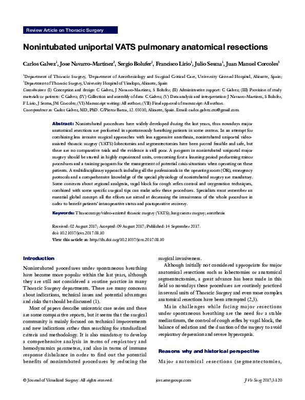 (PDF) Nonintubated uniportal VATS pulmonary anatomical resections