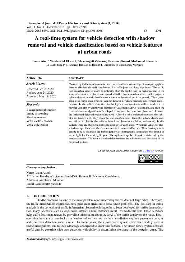 (PDF) A real-time system for vehicle detection with shadow removal and vehicle classification ...
