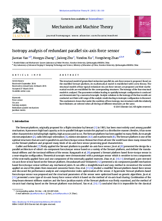 Pdf Isotropy Analysis Of Redundant Parallel Six Axis Force Sensor