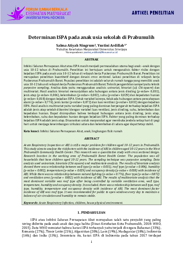 (PDF) Determinan ISPA pada anak usia sekolah di Prabumulih