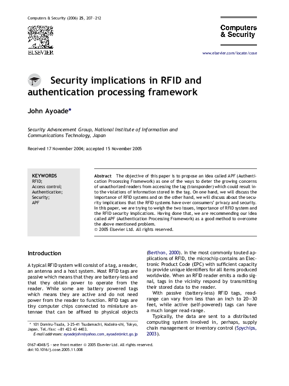 Pdf Security Implications In Rfid And Authentication Processing Framework