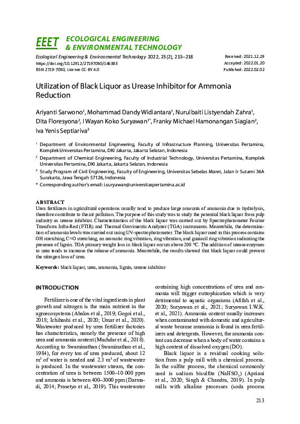 (PDF) Utilization of Black Liquor as Urease Inhibitor for Ammonia Reduction