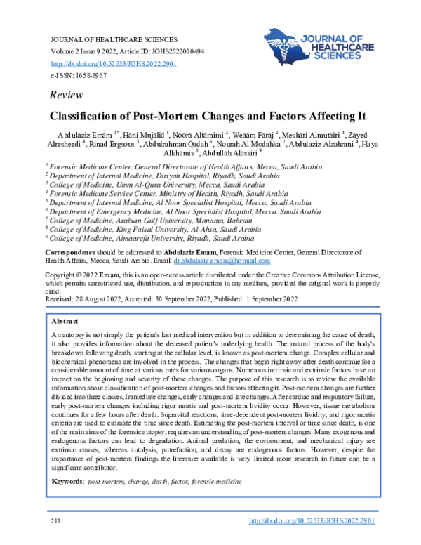 (PDF) Classification of Post-Mortem Changes and Factors Affecting It