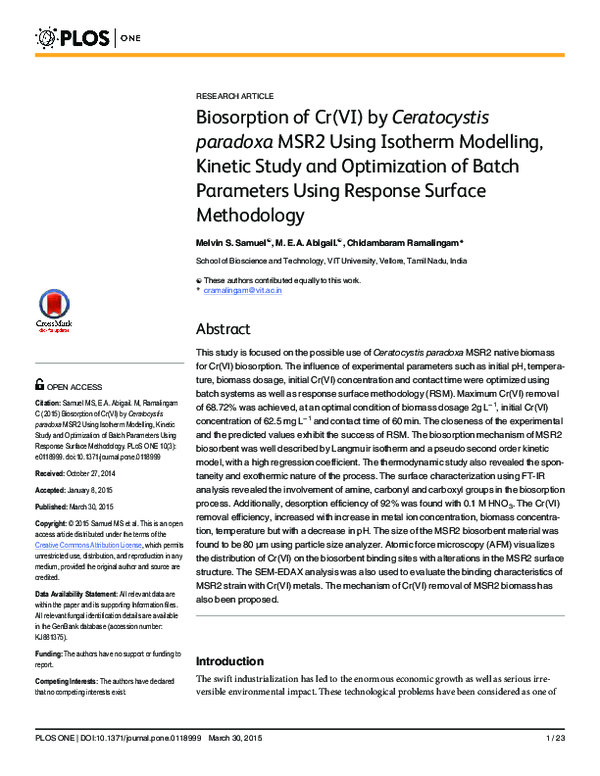 (PDF) Biosorption of Cr(VI) by Ceratocystis paradoxa MSR2 Using Isotherm Modelling, Kinetic ...