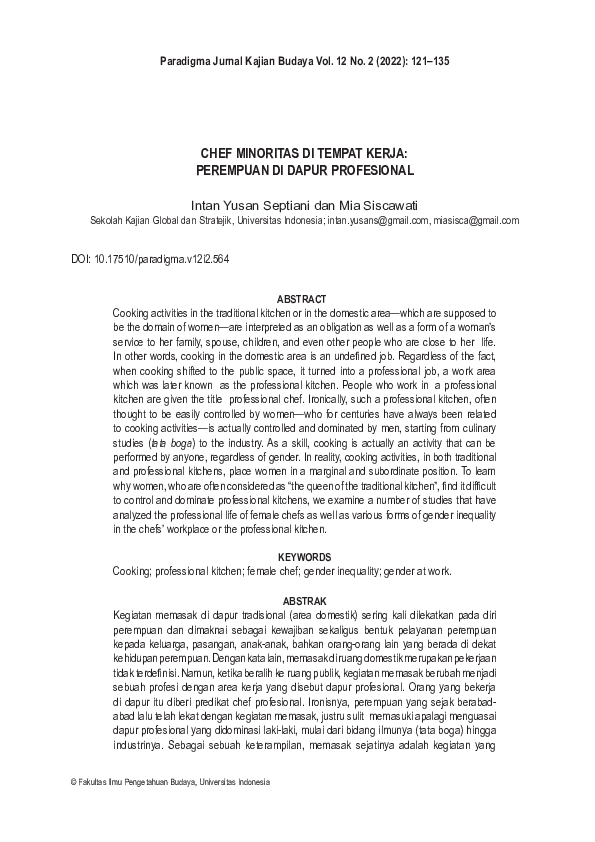 (PDF) CHEF MINORITAS DI TEMPAT KERJA: PEREMPUAN DI DAPUR PROFESIONAL