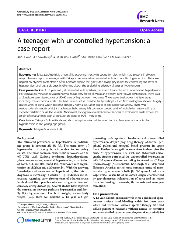 (PDF) A teenager with uncontrolled hypertension: a case report ...