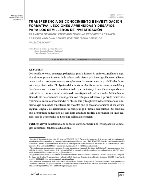 (PDF) Transferencia de conocimiento e investigación formativa: lecciones aprendidas y desafíos ...