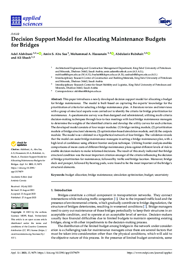 (PDF) Decision Support Model for Allocating Maintenance Budgets for Bridges