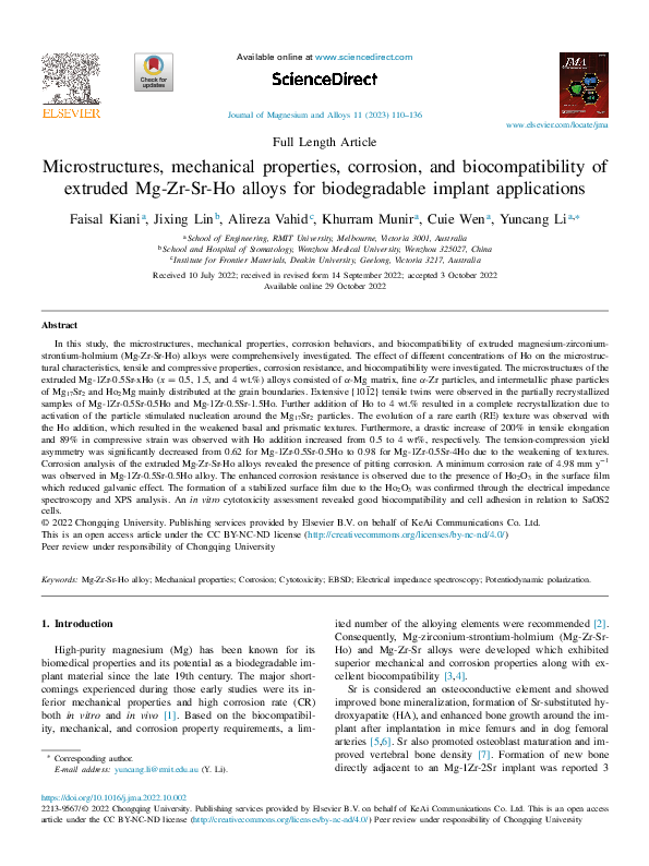 (PDF) Microstructures, mechanical properties, corrosion, and biocompatibility of extruded Mg-Zr ...