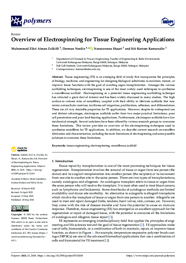 (PDF) Overview of Electrospinning for Tissue Engineering Applications | Darman Nordin - Academia.edu