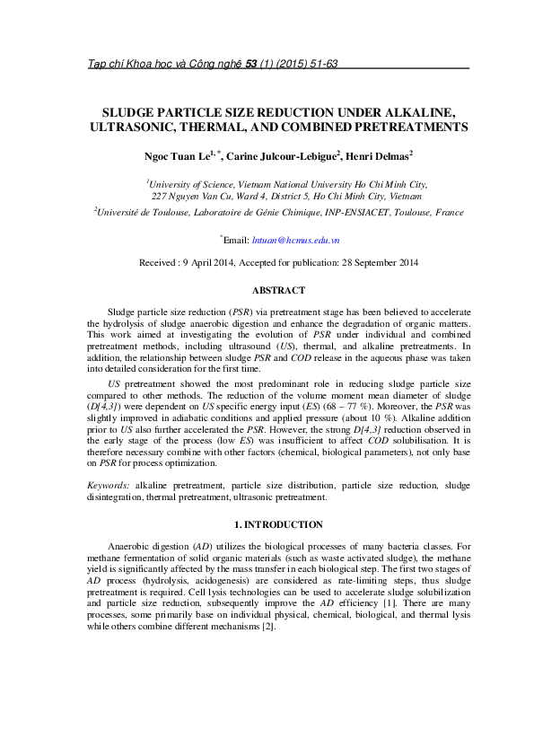 (PDF) Sludge Particle Size Reduction Under Alkaline, Ultrasonic, Thermal, and Combined Pretreatments