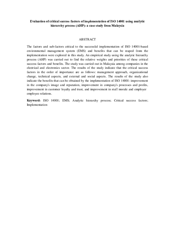 (PDF) Evaluation of critical success factors of implementation of ISO 14001 using analytic ...