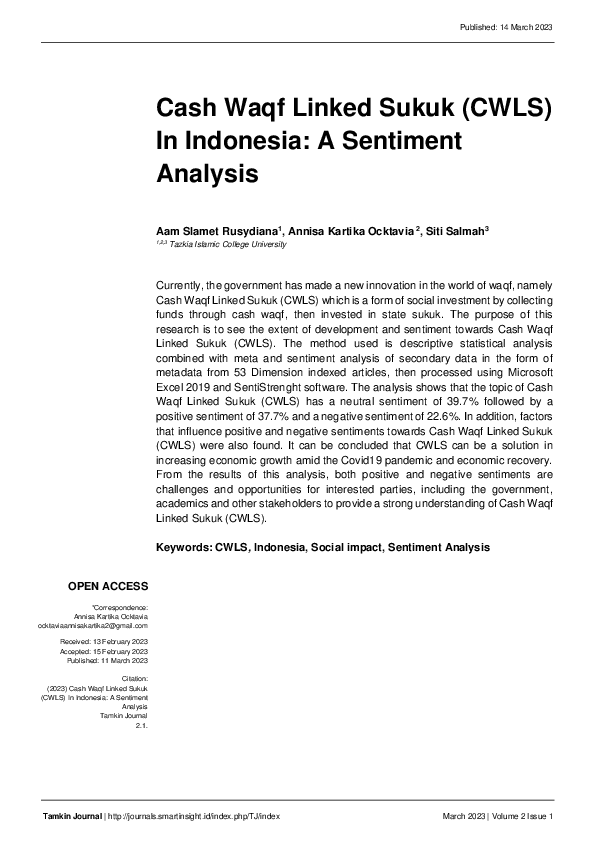 (PDF) Cash Waqf Linked Sukuk (CWLS) In Indonesia: A Sentiment Analysis