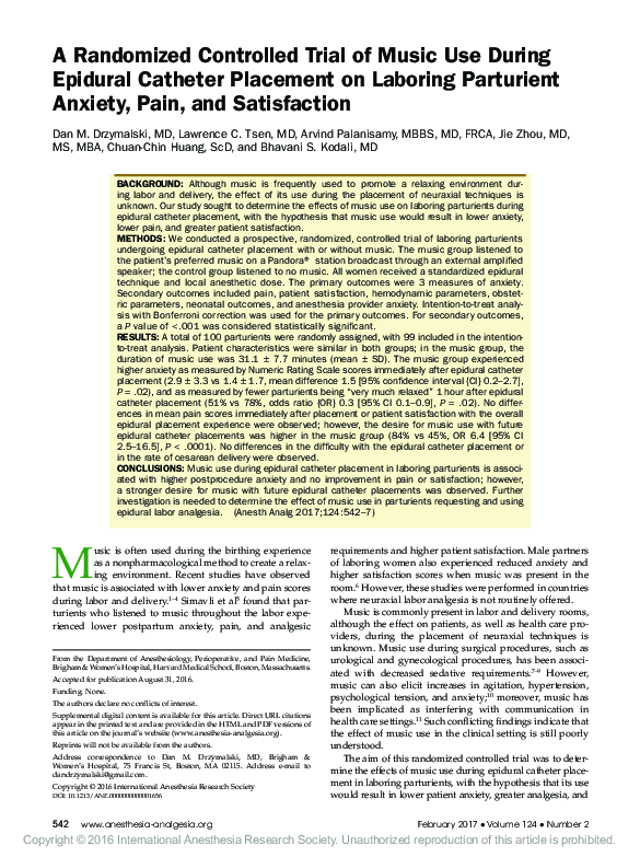 (PDF) A Randomized Controlled Trial of Music Use During Epidural ...
