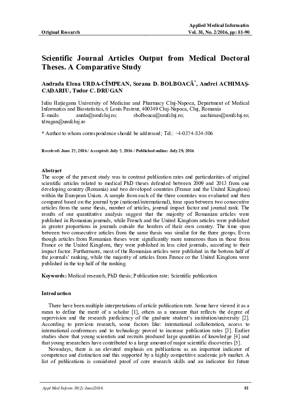 (PDF) Scientific Journal Articles Output from Medical Doctoral Theses ...