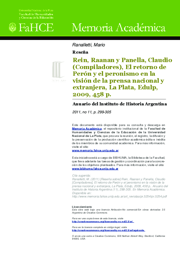 (PDF) Rein, Raanan y Panella, Claudio [Compiladores], El retorno de ...