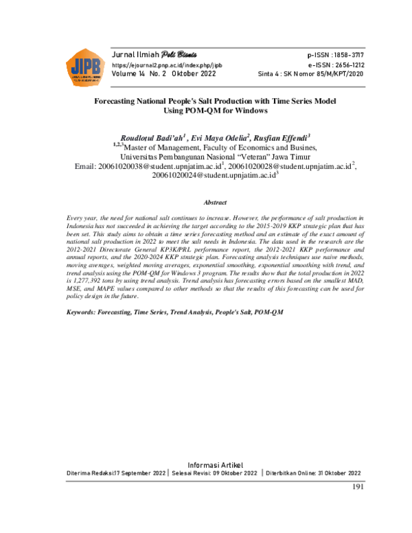 (PDF) Forecasting National People's Salt Production with Time Series Model Using POM-QM for Windows