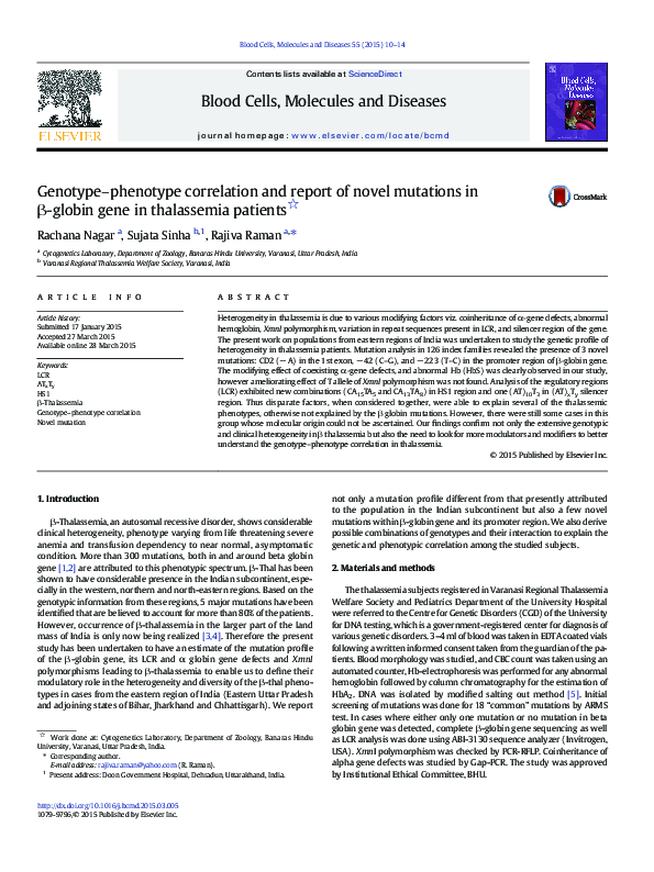 (PDF) Genotype–phenotype correlation and report of novel mutations in β ...