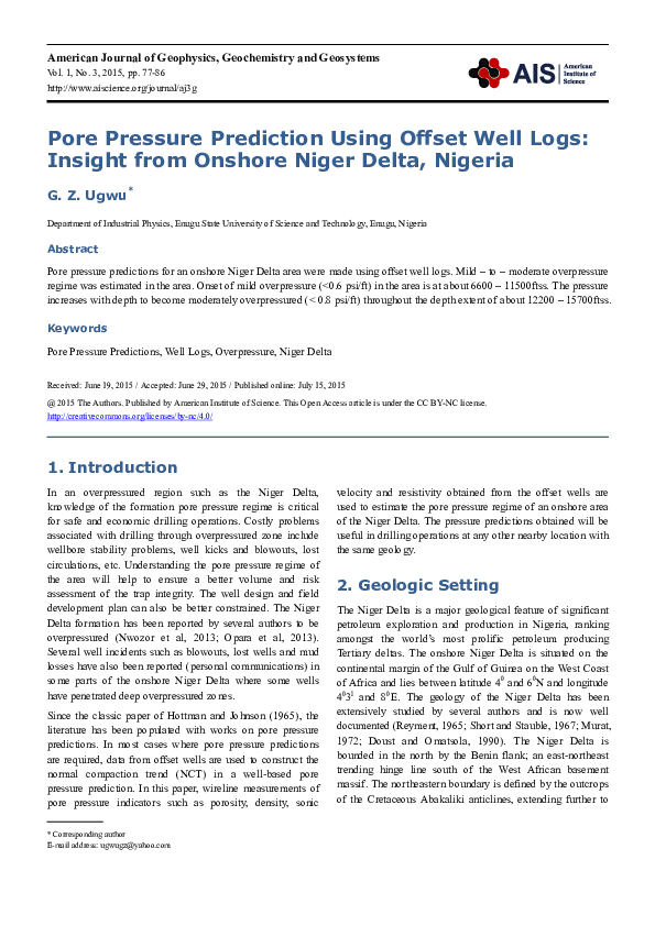 (PDF) Pore Pressure Prediction Using Offset Well Logs : Insight from Onshore Niger Delta ...