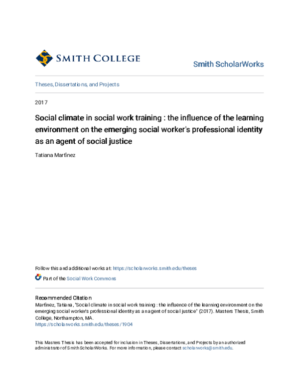 (PDF) Social Climate in Social Work Training: The Influence of the ...